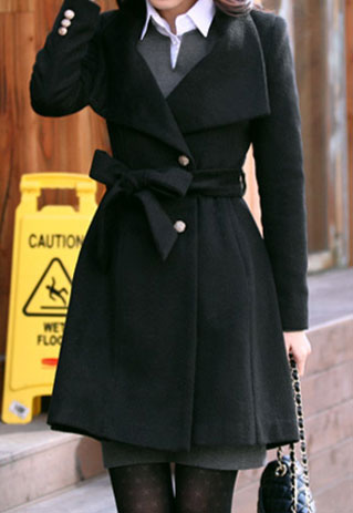 European Style Slim Bowknot Sash Pure Color Worsted Coat on Luulla