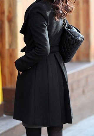 European Style Slim Bowknot Sash Pure Color Worsted Coat on Luulla